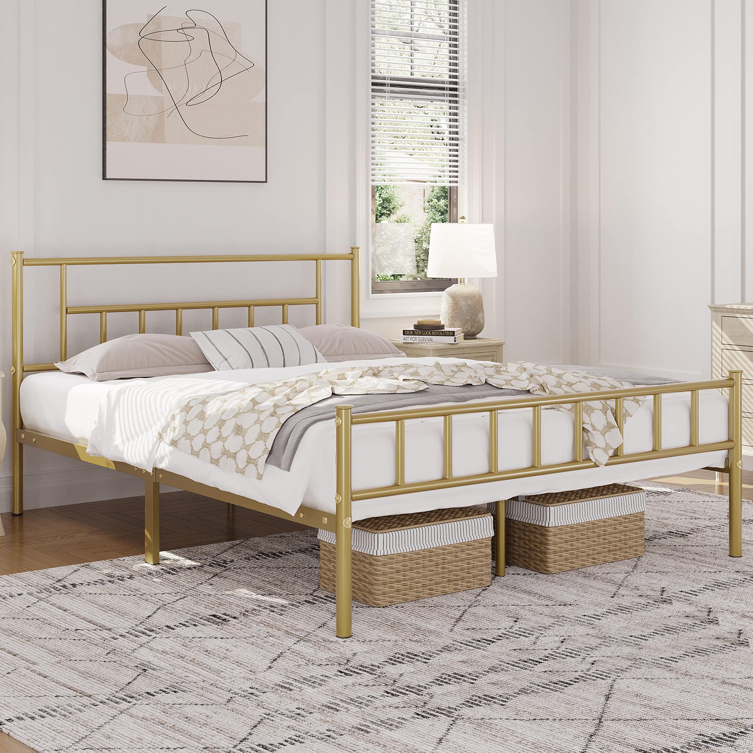 Yaheetech 13 inch Queen Size Metal Bed Frame with Headboard and Footboard Platform Bed Frame with Storage No Box Spring Needed Mattress Foundation Antique Gold