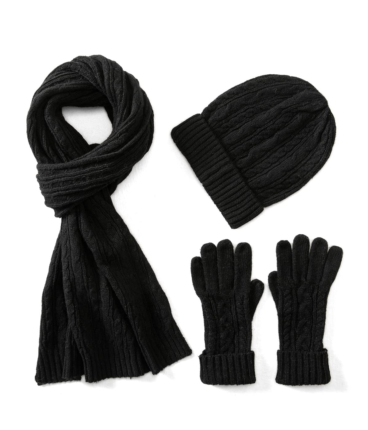 Villand 3 in 1 Womens Wool Hat Gloves & Scarf Winter Set, 3 Piece Cable Knitted Beanie Hat for Women with Gift Box, Navy Blue