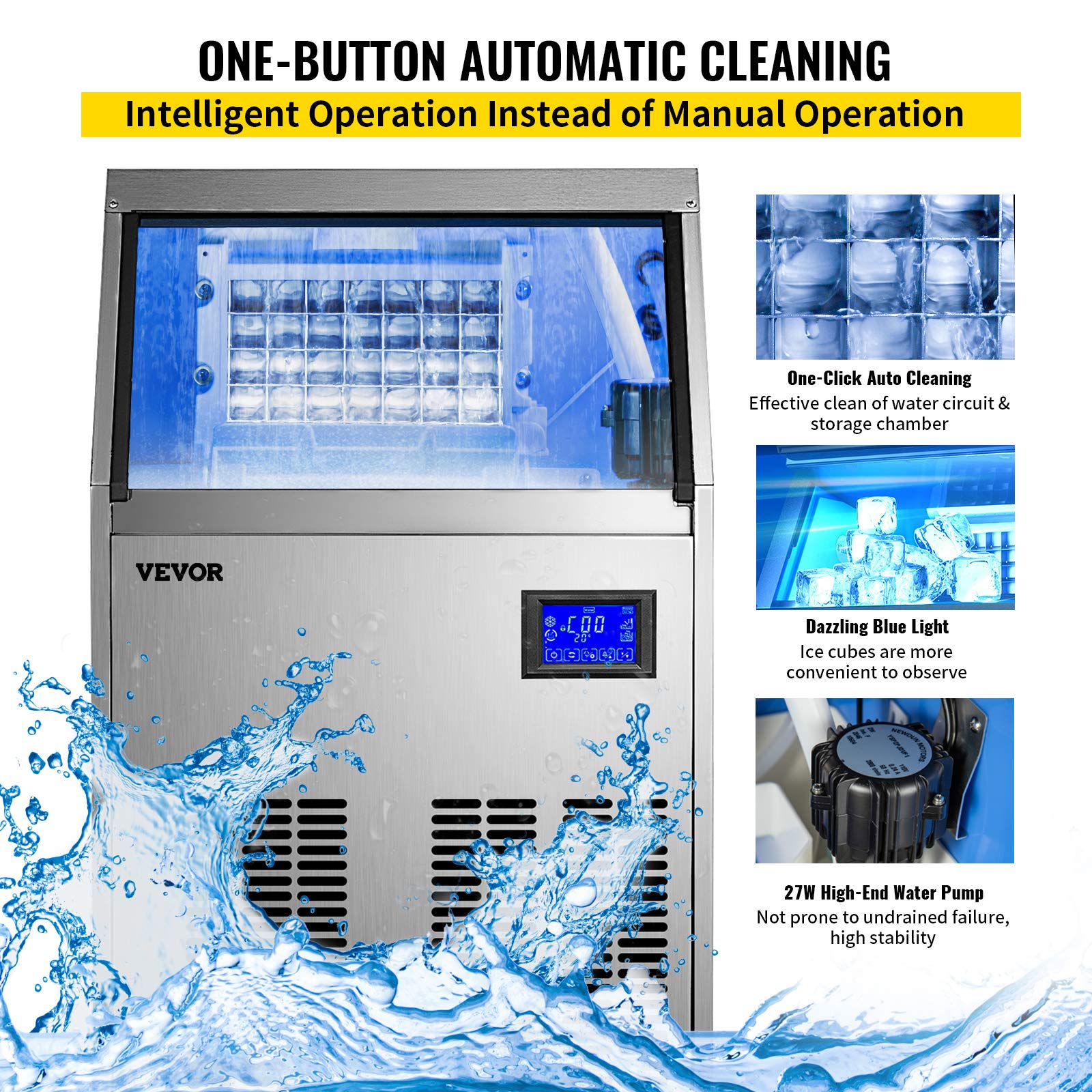 VEVOR Commercial Ice Maker Machine, 130LBS/24H with 33LBS Bin and Electric Water Drain Pump, Stainless Steel Construction, Auto Operation, Include Water Filter 2 Scoops and Connection Hose