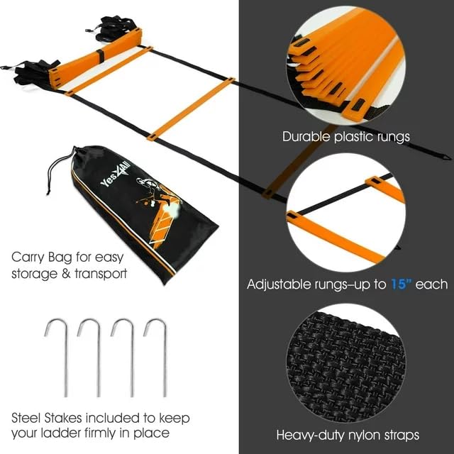 Yes4All Ultimate Combo Agility Ladder Training (Orange) Set – Speed Agility Ladder Orange 12 Adjustable Rungs, 12 Agility Cones & 4 Steel Stakes - Included Carry Bag