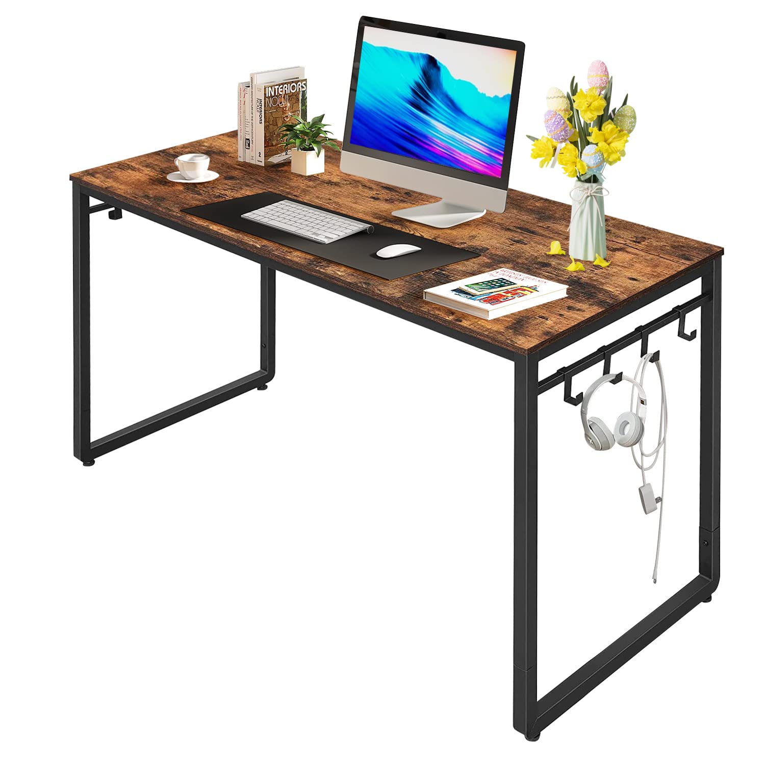 Zanzio Home Office Desk with Hooks, Simple Style Desk for Home Office, Computer Desk for Writing Study, 55.1 Inches, Industial Brown