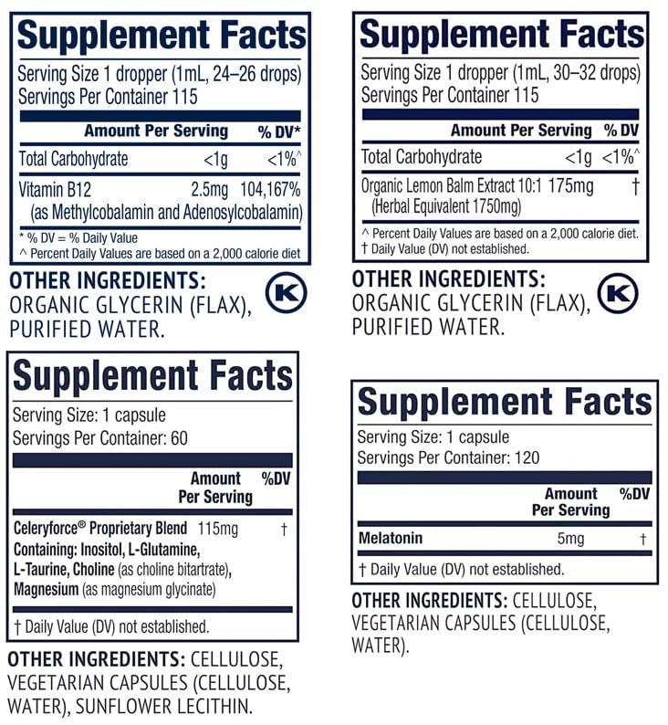 Vimergy Booster Kit – Rise and Shine - Vitamin & Supplement Bundle – Organic Liquid Vitamin B12 115ml, Organic Lemon Balm Extract 115ml, Celeryforce x2 & Melatonin Capsules (Large)