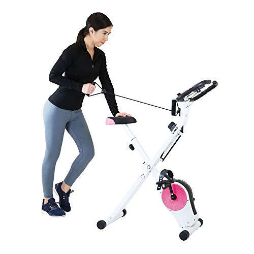 Xspec Indoor Foldable Stationary Upright Exercise Cardio Workout Cycling Bike with 16 Level Resistance & Arm Resistance Bands, Magenta