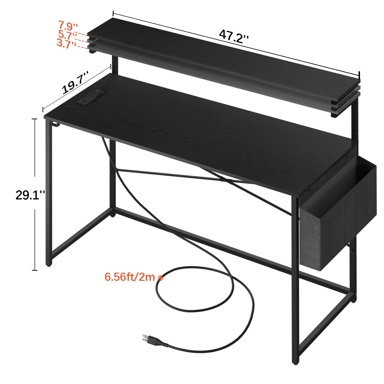 Yoobure Computer Desk with LED Lights, Adjustable Monitor Stand, Power Outlets, and Storage - 47" Home Office Desk