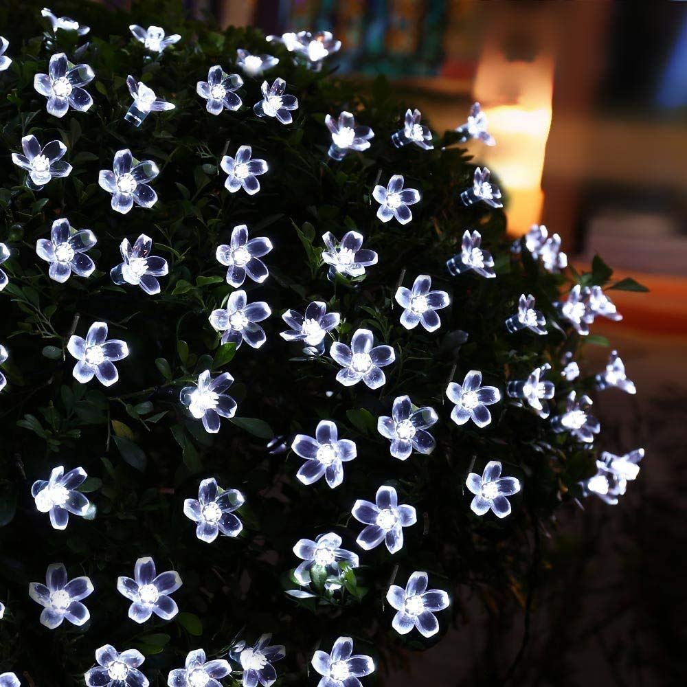 Solar Flower Fairy Lights Garden,WONFAST Waterproof 33feet 100LED Cherry Blossom Solar Powered String Lights 8 Mode for Outdoor Party Patio Garden Home Christmas Decoraions (White)