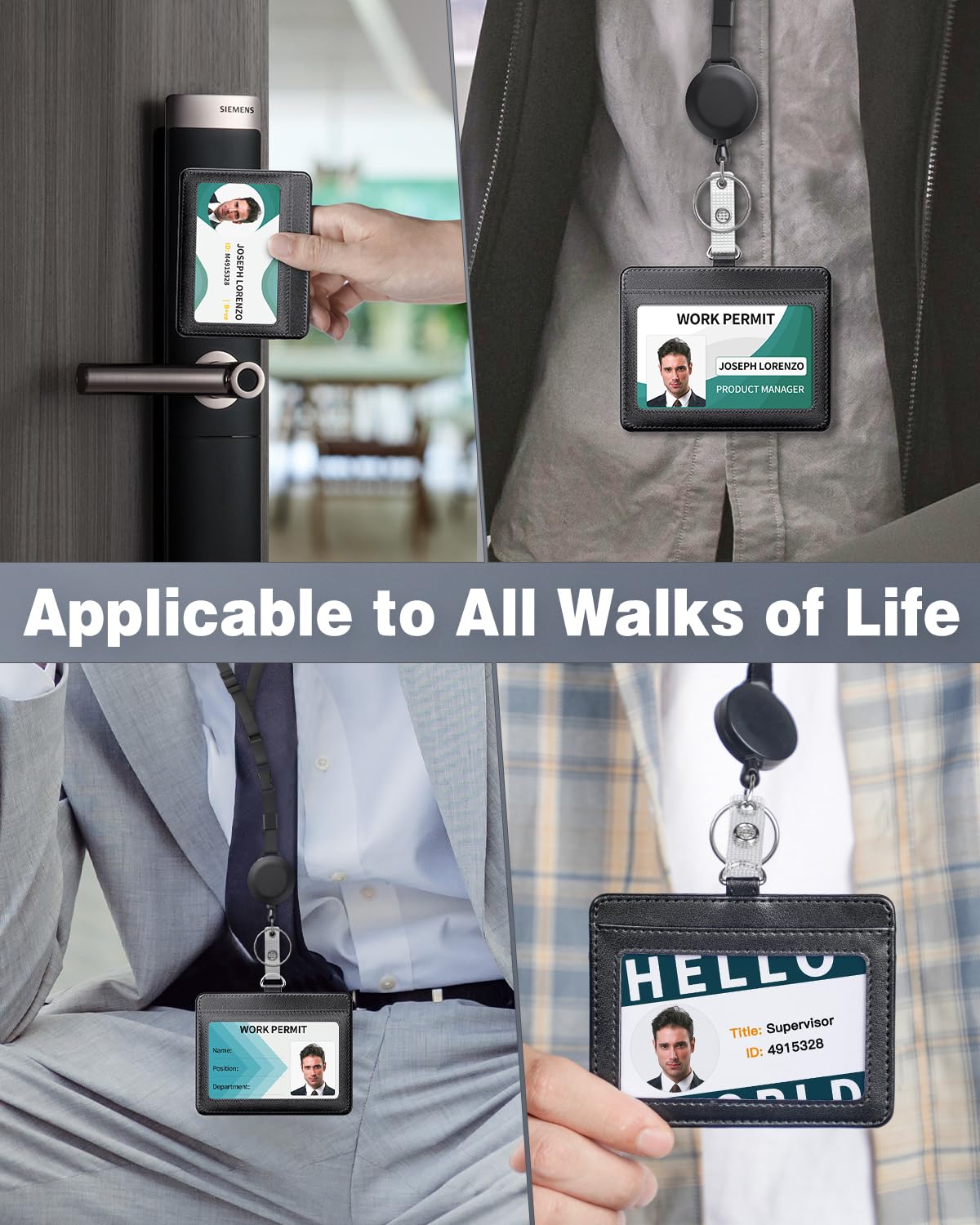 Uniclife Horizontal Leather ID Badge Holder and Retractable Adjustable Lanyard Breakaway Neck Lanyard with Retractable Badge Reel Quick-Release Buckle and Card Protector for Workers Students Employees