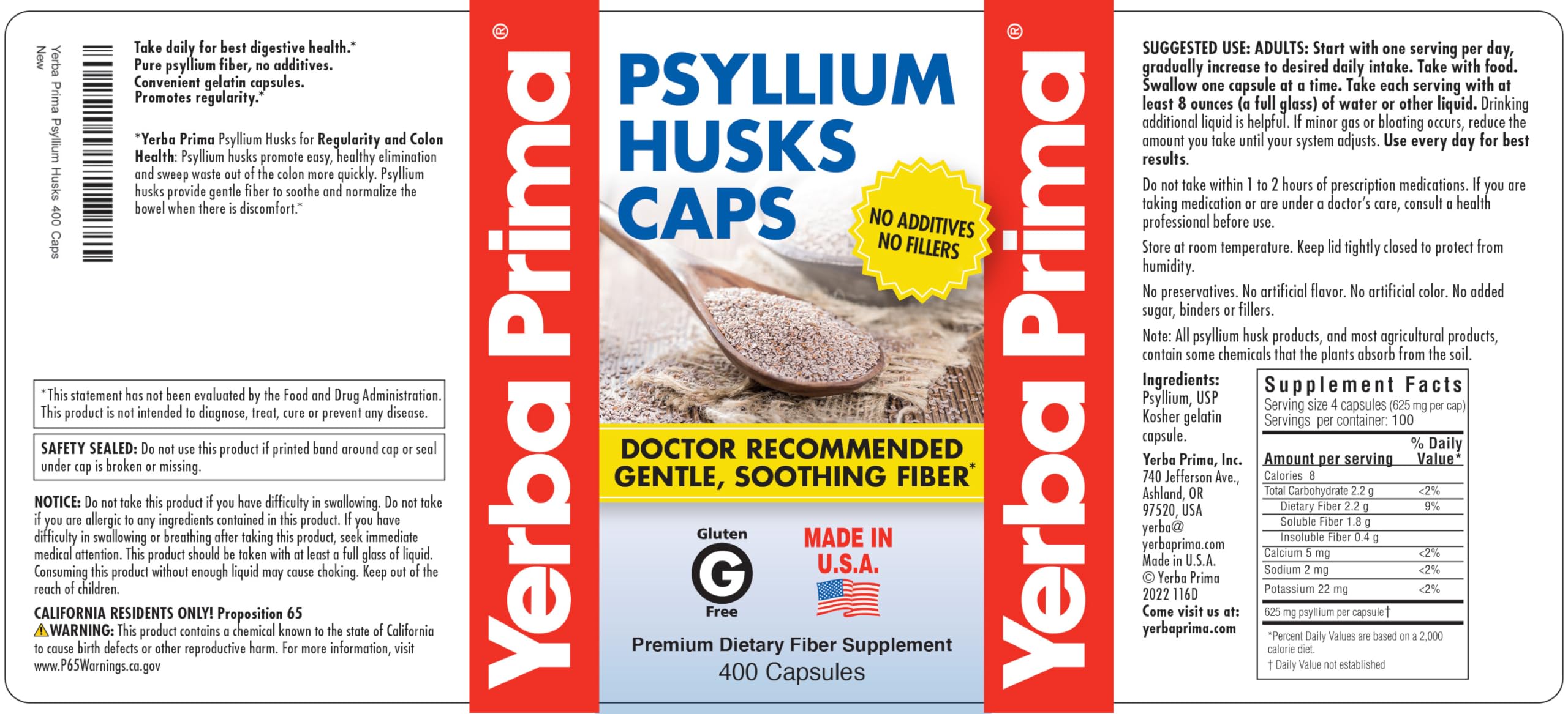 Yerba Prima Psyllium Husks Caps, 625 mg, 400 Capsules - Natural Fiber for Men and Women - Regularity Support Supplement