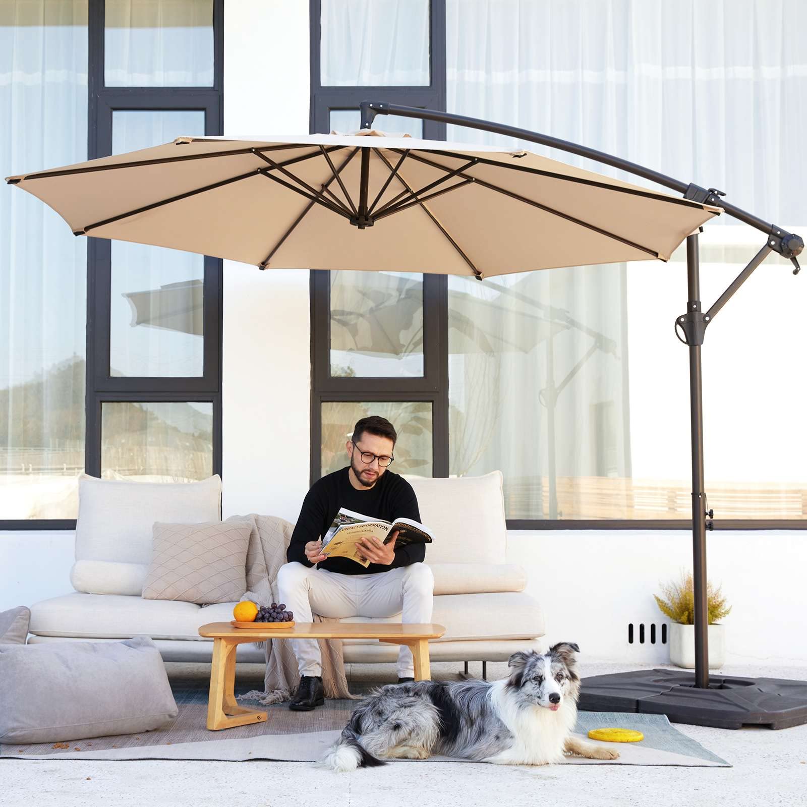 VINEY Patio Offset Hanging Umbrella 10 FT Cantilever Outdoor Umbrellas w/Infinite Tilt, Fade Resistant Waterproof Solution-Dyed Canopy & Cross Base, for Yard, Garden & Deck