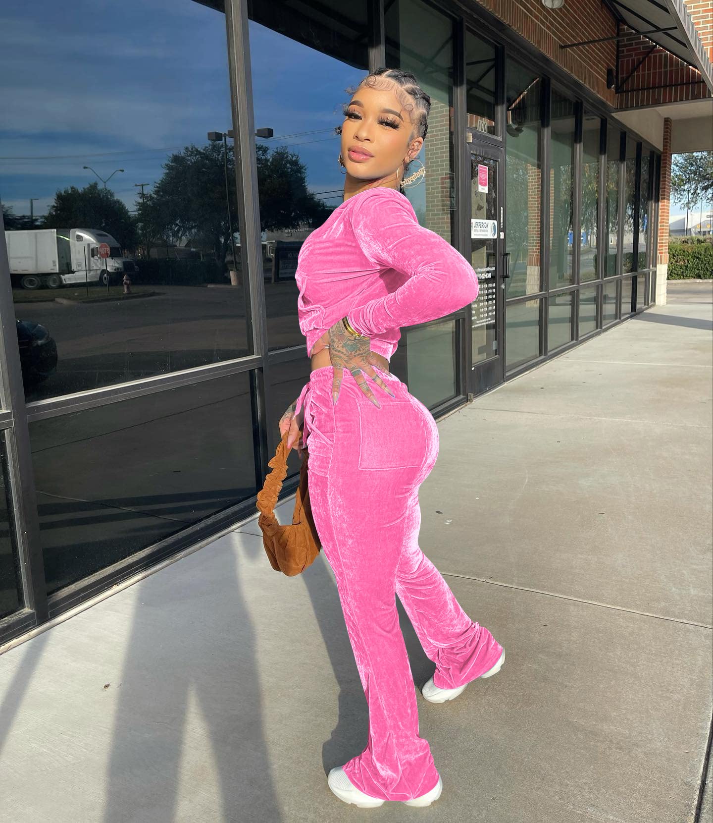 Yeshire Women's 2 Piece Outfits Velvet Sweatsuits Zip-up Hoodie Jacket Casual Jogging Set Tracksuit Set with Pockets Large Pink