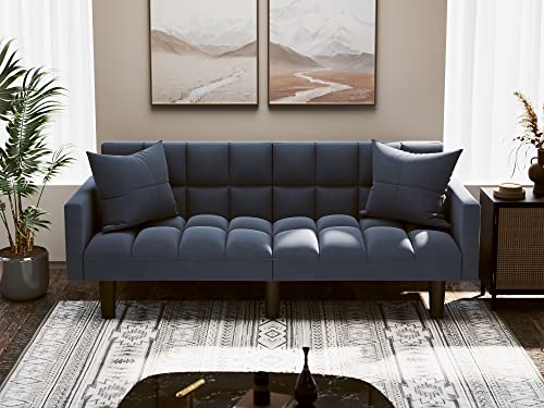 YESHOMY Futon Sofa Bed Upholstered Modern Convertible Couch with Cylindrical Pillow, Suitable for Bedroom, Apartment, Dormitory Retro Style, Navy Blue