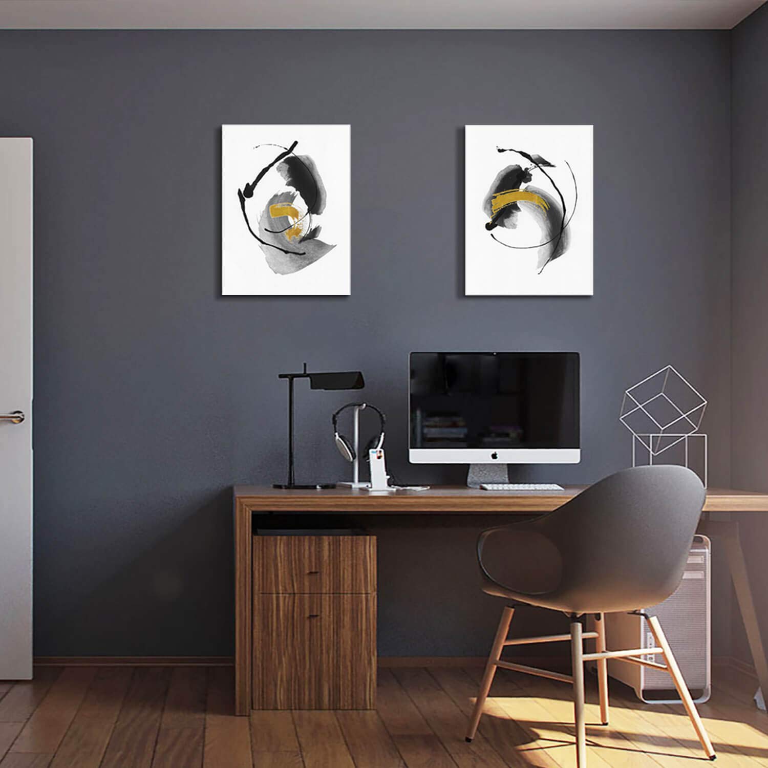 TAR TAR STUDIO Abstract Modern Painting Wall Art: Black and White Artwork Minimalist Picture for Bedroom (18''W x 24''H x 2 PCS, Multiple Sizes)