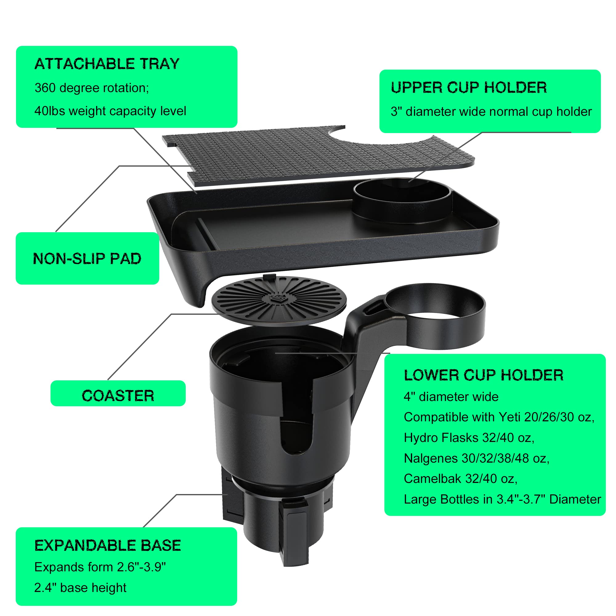 SEVEN SPARTA Car Cup holder Expander&Tray for Compatible with Yeti 20/26/30 oz, Hydro Flasks 32/40 oz, Nalgenes 30/32/38/48 oz, Camelbak 32/40 oz, Large Bottles in 3.4''-3.7'' Diameter.