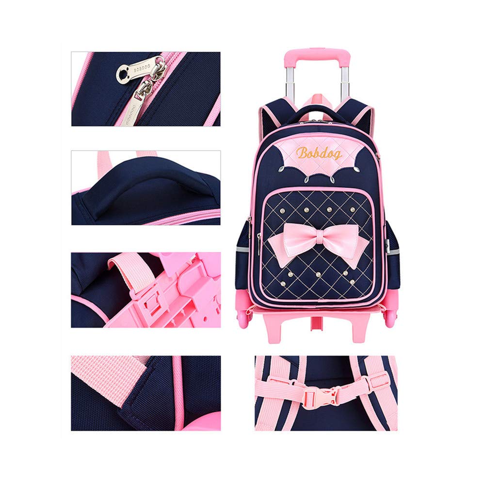 VIDOSCLA Cute Print Bowknot Trolley Backpack Elementary Middle School Rolling Bag Wheeled BookBag for Kids Girls