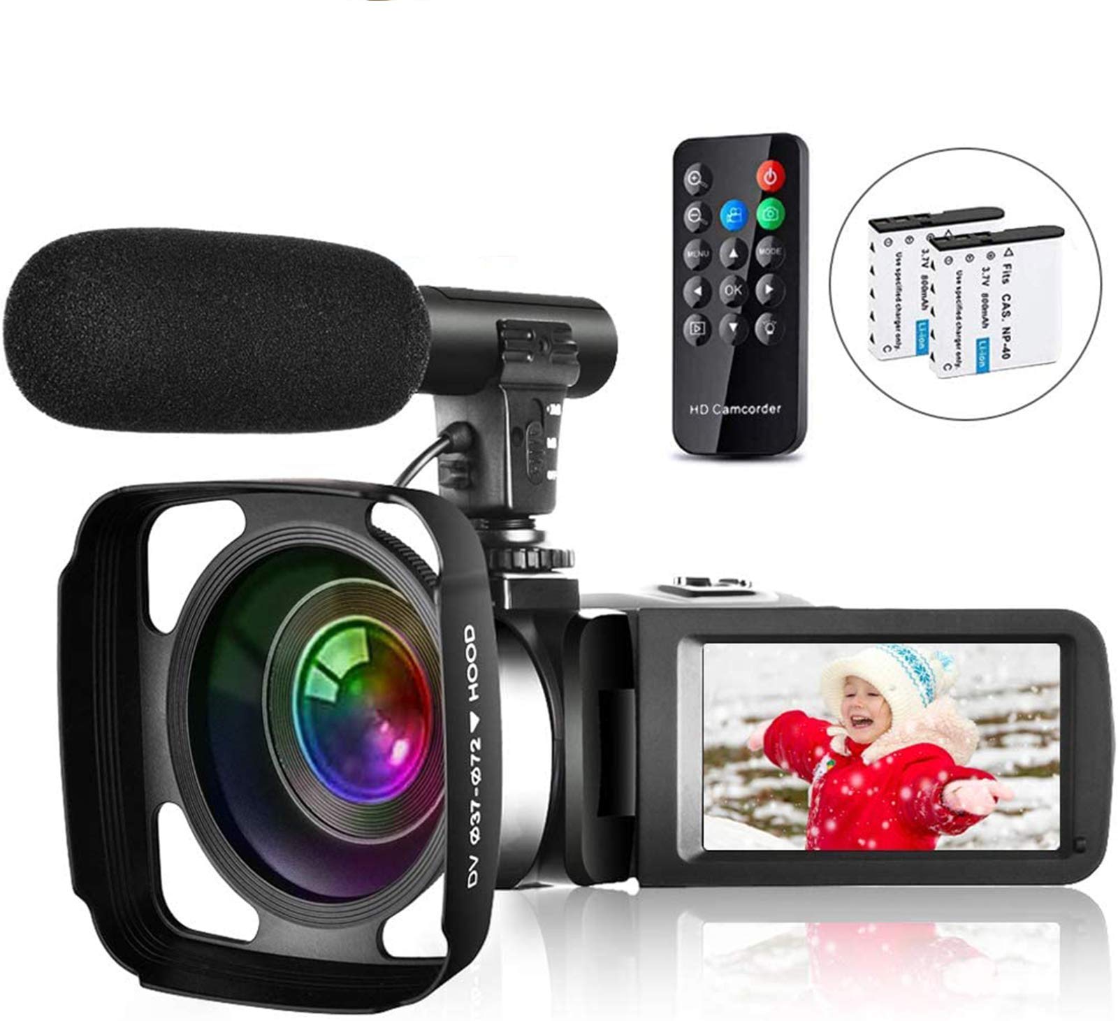 Video Camera Camcorder Vlogging Camera for Youtube Full HD 2.7K 30FPS 30 MP IR Night Vision 3 Inch Touch Screen Time-Lapse Camcorder with Microphone Remote Control Lens Hood and 2 Batteries