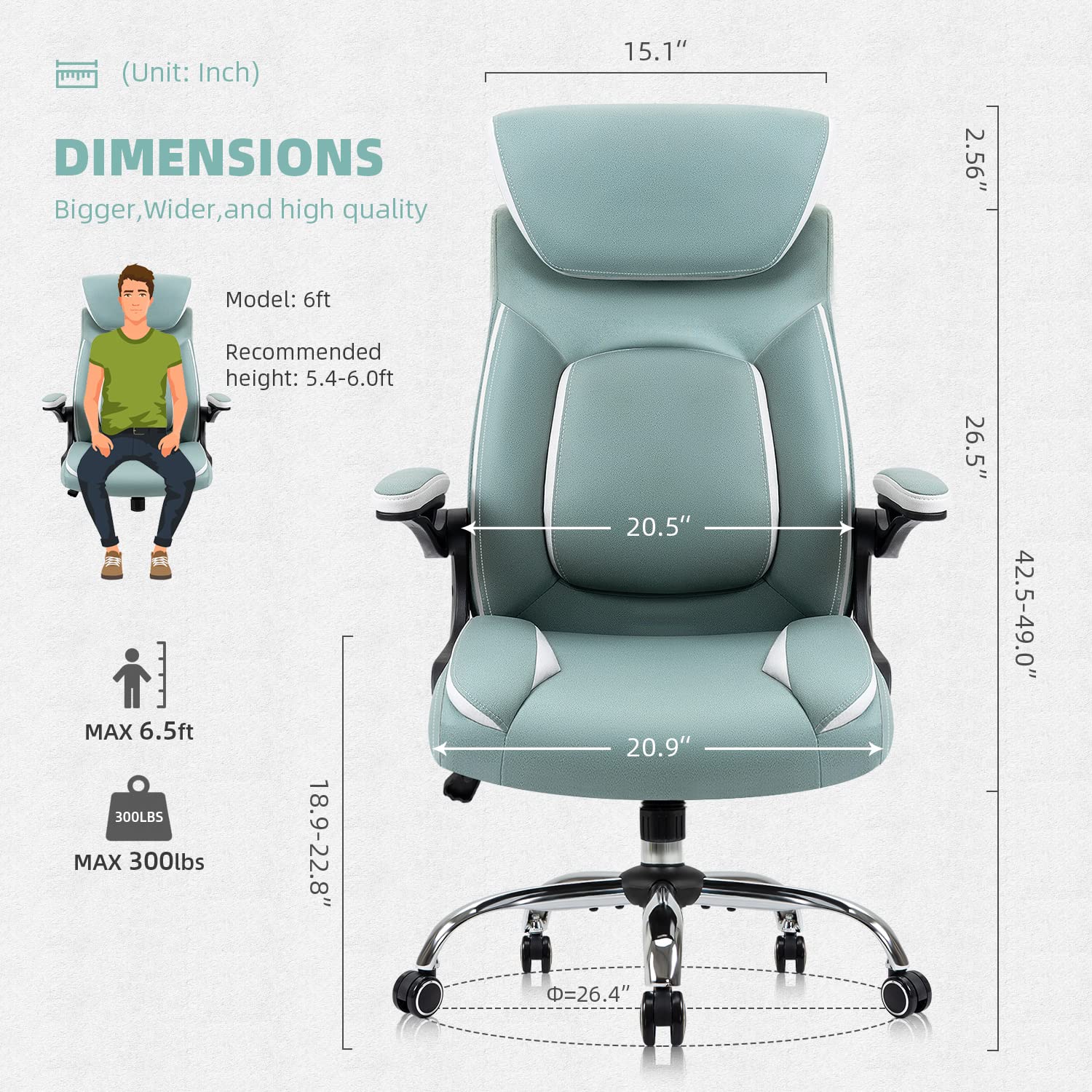 YAMASORO Ergonomic Home Executive Office Chair with Flip-up Armrests and Lumbar Support, High Back Desk Chair Computer 360 Swivel Adjustable PU Leather for Adults and Teens, Morandi Green