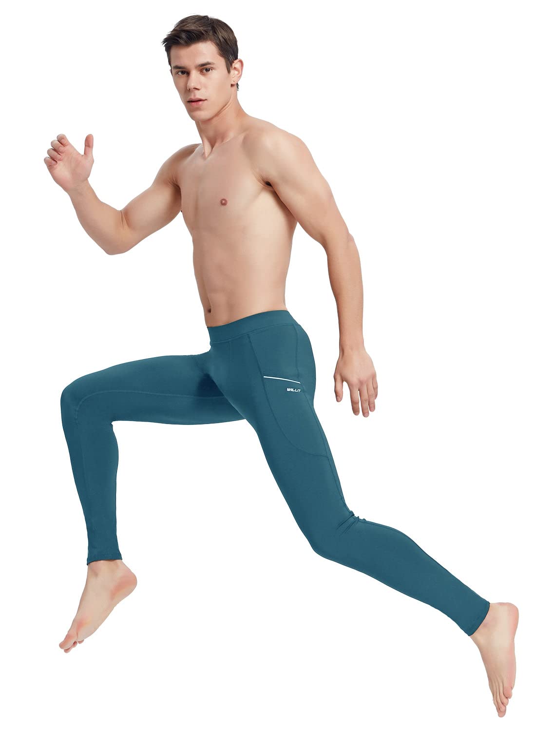 Willit Men's Active Yoga Leggings Pants Running Dance Tights with Pockets Cycling Workout Pants Quick Dry Dark Blue L