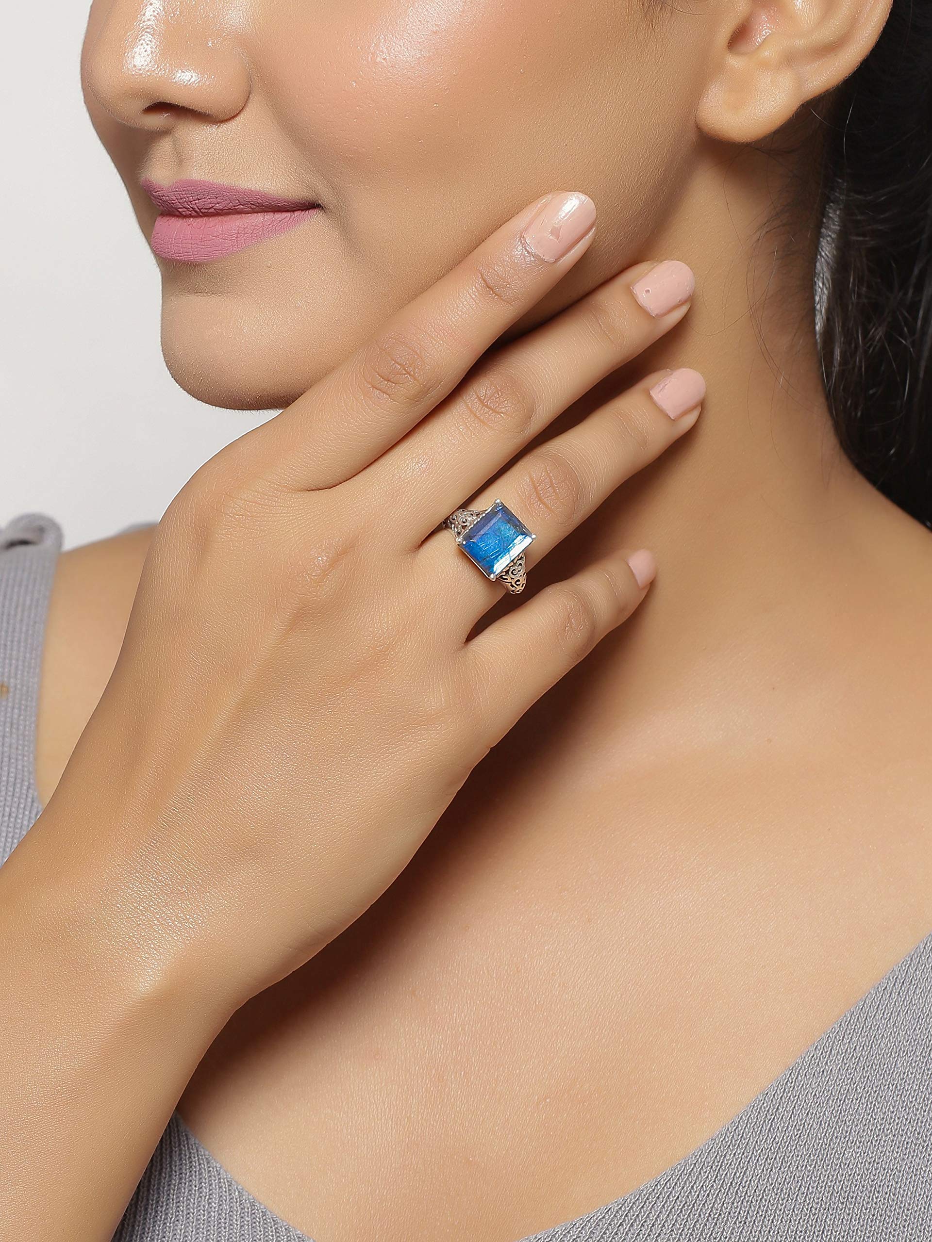YoTreasure 10x12MM Blue Fire Labradorite Filigree Ring Solid 925 Sterling Silver Jewelry