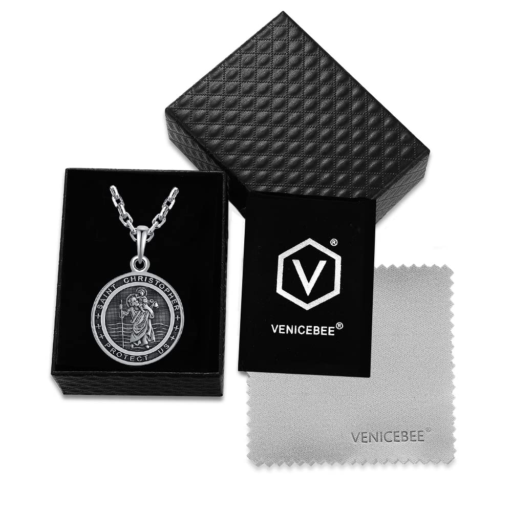VENICEBEEĀ® Saint Christopher Protect Us Medal St. Christopher Protection Devotional Christian Amulet Solid 925 Sterling Silver Pendant Necklace + Velvet Pouch, Polishing Cloth, Fine Gift Box
