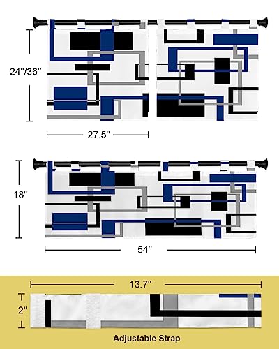 WARM TOUR Tab Top Curtain Valance and Tiers Set,Modern Abstract Blue Black Grey Block Light Filtering Kitchen Curtains Valances,Minimalism Lines Geometric Art Cafe Window Treatment Drapes for Bedroom