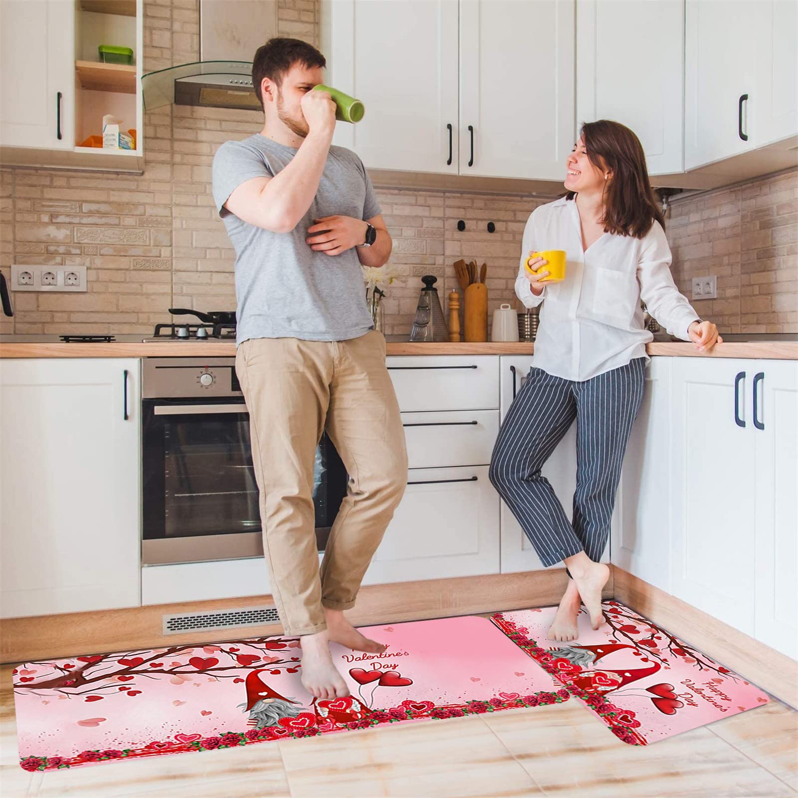Wtosuhe Valentines Day Decorative Kitchen Mats Set of 2, Pink Love Heart Doormat Gnome Yard Kitchen Rug with Non-Slip Rubber, Spring Seasonal Decorative Floor Mat Doormat (Sweet-03)