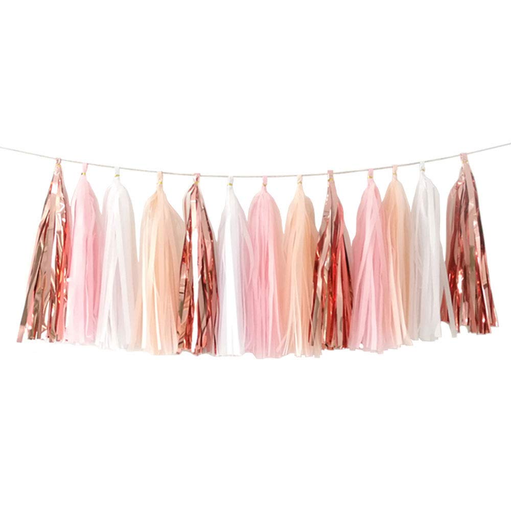 Shiny Tissue Paper Tassels Party Tassel Garland Banner Decorations, DIY Kits,Rose gold,Peach,Pink,White,Pack of 20