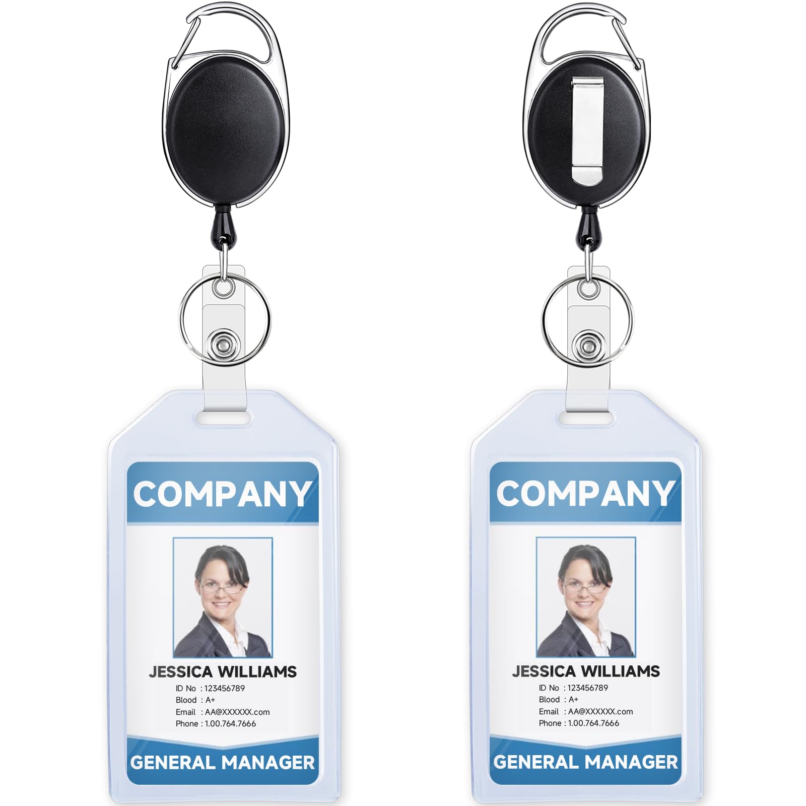 Teskyer 2 Pack Heavy Duty Retractable Badge Holders with Carabiner Reel Clip and Extra Thick Clear Name Tag ID Card Holders, Vertical