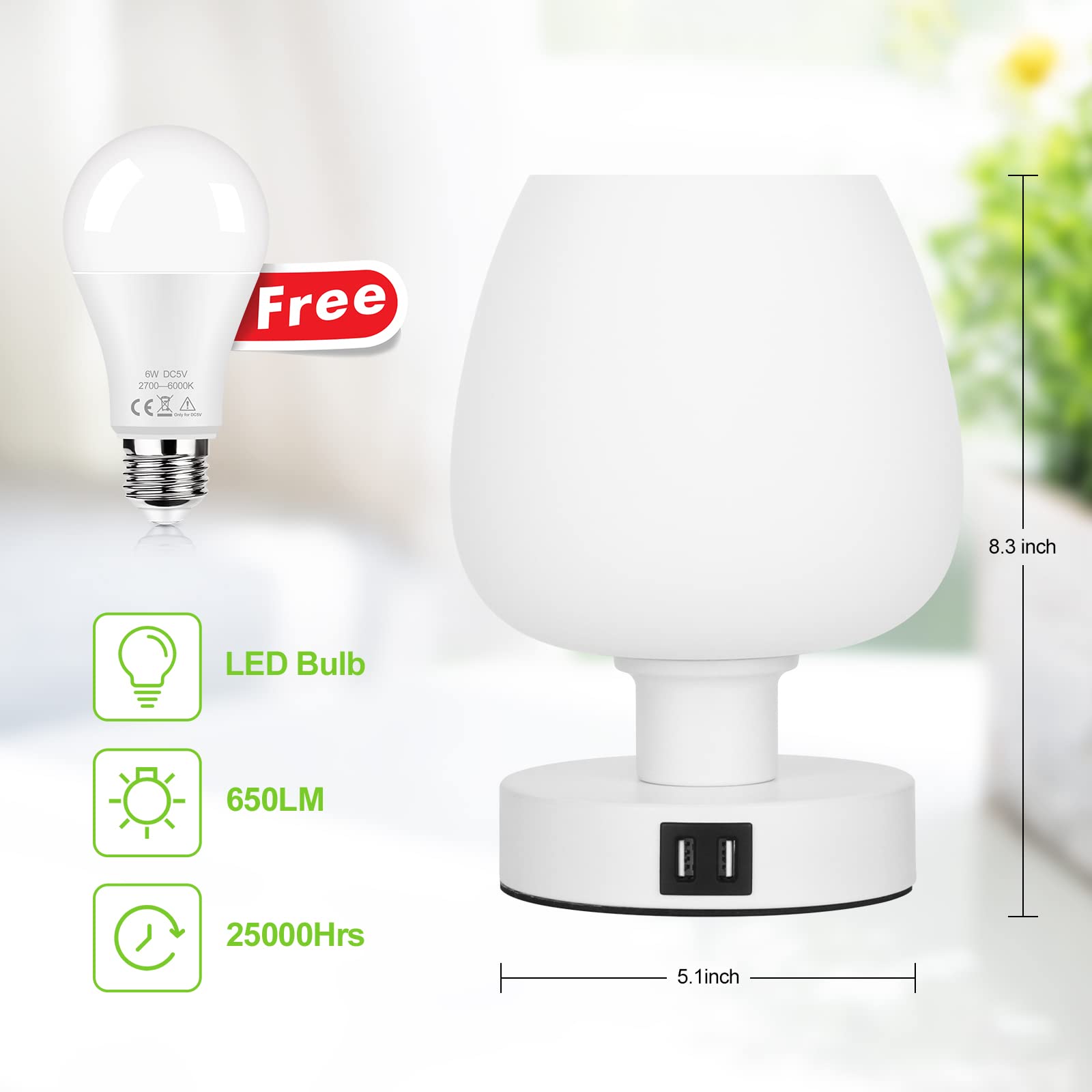 Touch Control Bedside Table Lamp with 2 USB Ports, Dimmable Small Nightstand Lamp for Bedroom, Modern Desk lamp with White Glass Lampshade, with 2700K-6000K Adjustable Color Temperature Bulb