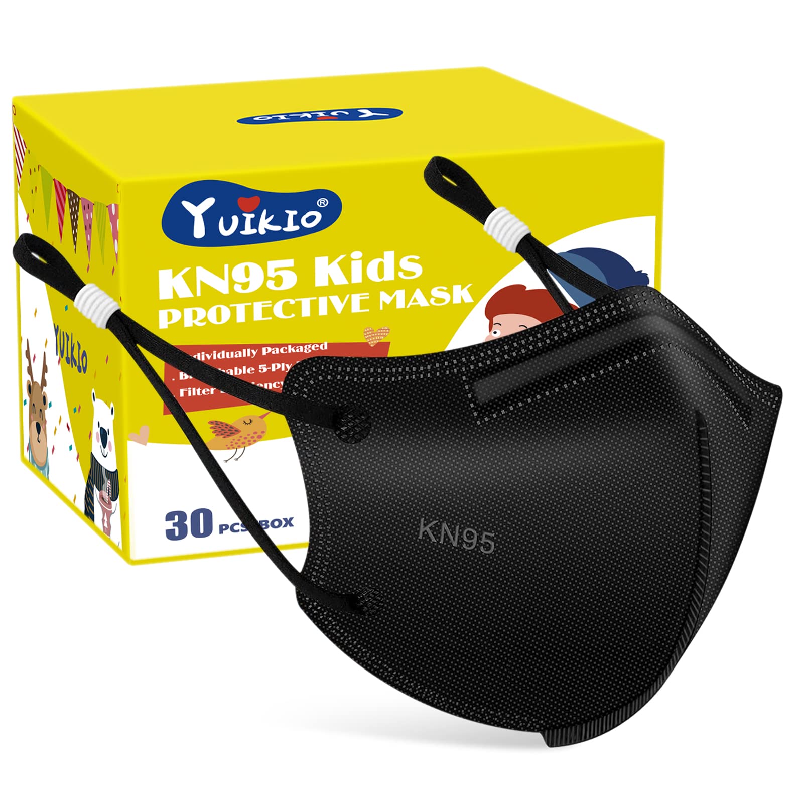 YUIKIO Kids KN95 Masks for Children 30 Packs, 5 Layers Breathable KN95 mask for kids Disposable Kids Face Masks With Adjustable Buckle for Boys Girls(Black)