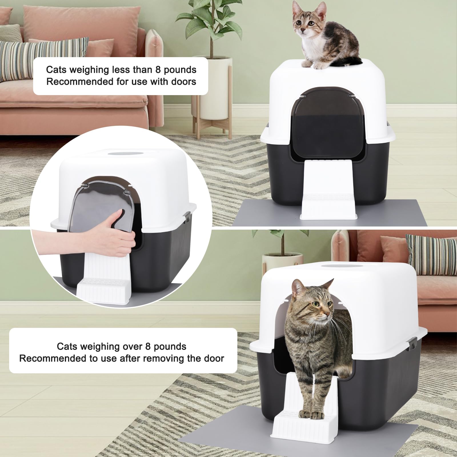 Sfozstra Cat Litter Box with Lid, Fully Enclosed Splash-Proof and Leak-Proof Urine Litter Box, High Edge and Odorless Cat Litter Box, Easy to Installation and Clean (Gray with Handle(L)