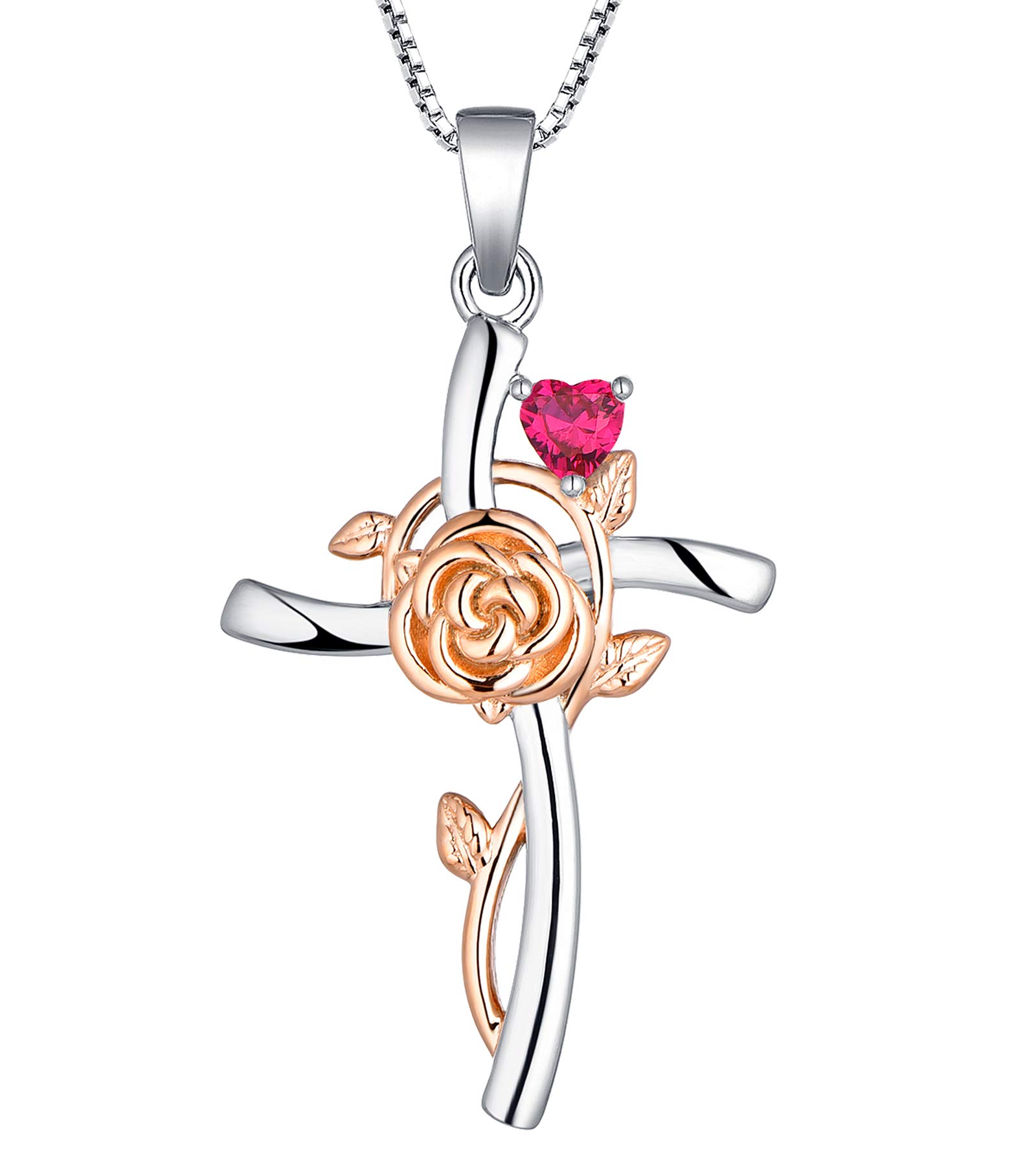 YL Cross Necklace 925 Sterling Silver Flower Rose Crucifix Pendant Created Ruby Criss Jewelry for Women