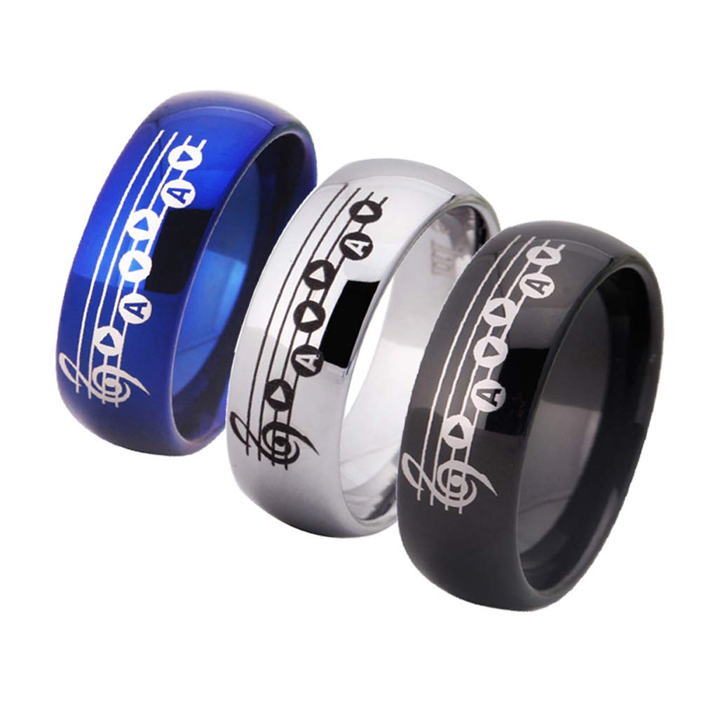 Tungsten Wedding Ring 8mm Width Black/Blue/Silver Dome Legend of Zelda Song Ring Storms & Triforce Design Ring Music Ring- FREE Inside Engraving (Black, 7)