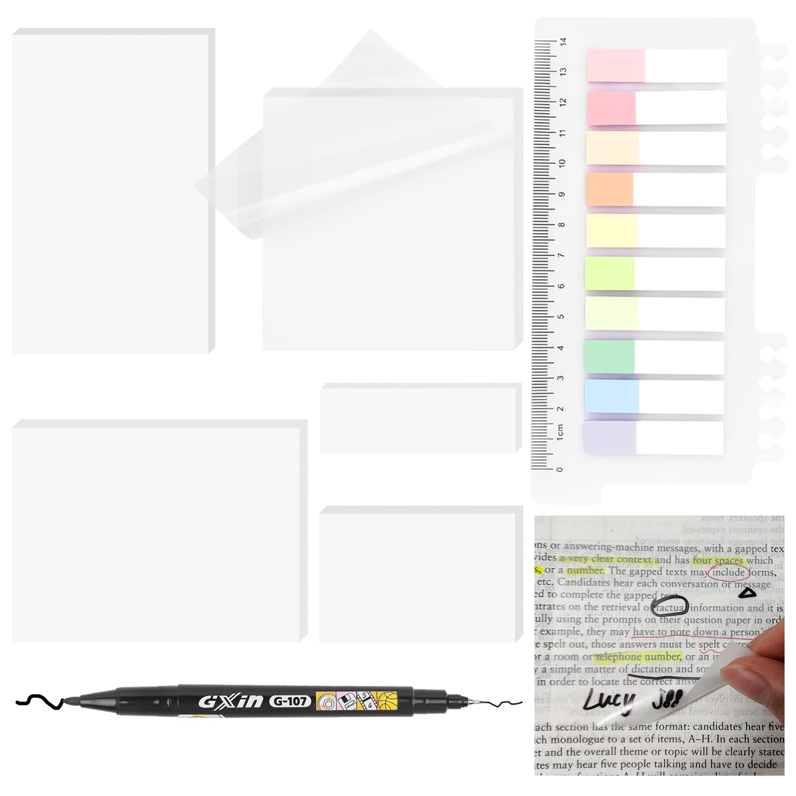 Transparent Sticky Notes with Marker, 3x3 inch Clear Sticky Note Pads, 7 Pack Translucent Sticky Note See Through School Office Supplies for Book Notes Highlights, Clean Removal (7 pack-clear)