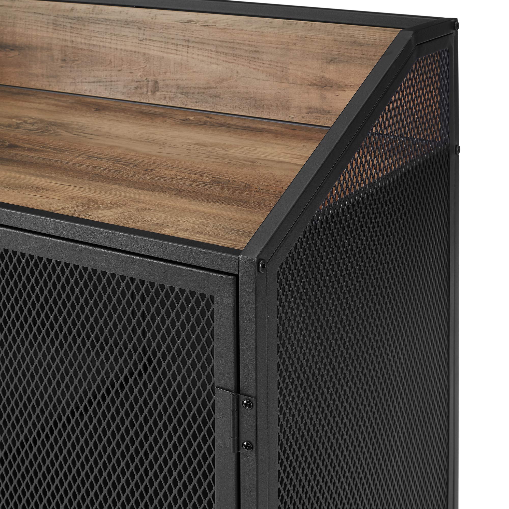 Walker Edison Malcomb Industrial Metal Mesh 2 Door Storage Cabinet , 30 Inch, Rustic Oak