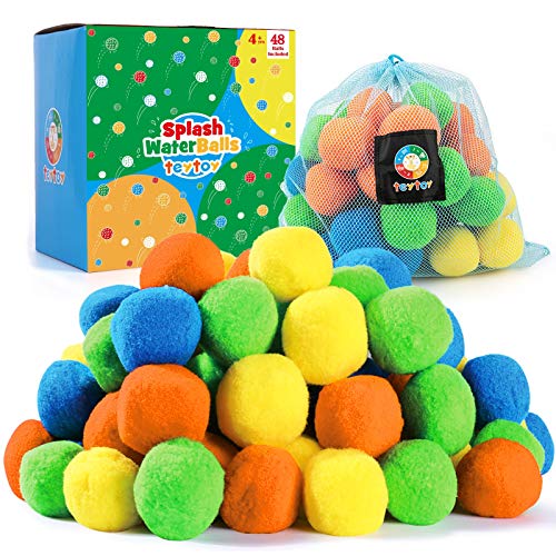teytoy 48PCS Reusable Water Balls, Soaker Water Balls, Soft Cotton Reusable Water Balloons, Outside Toys Pool Toys Summer Toys for Kids Ages 4 6 8 12, Splash Activity Balls for Pool and Backyard Fun