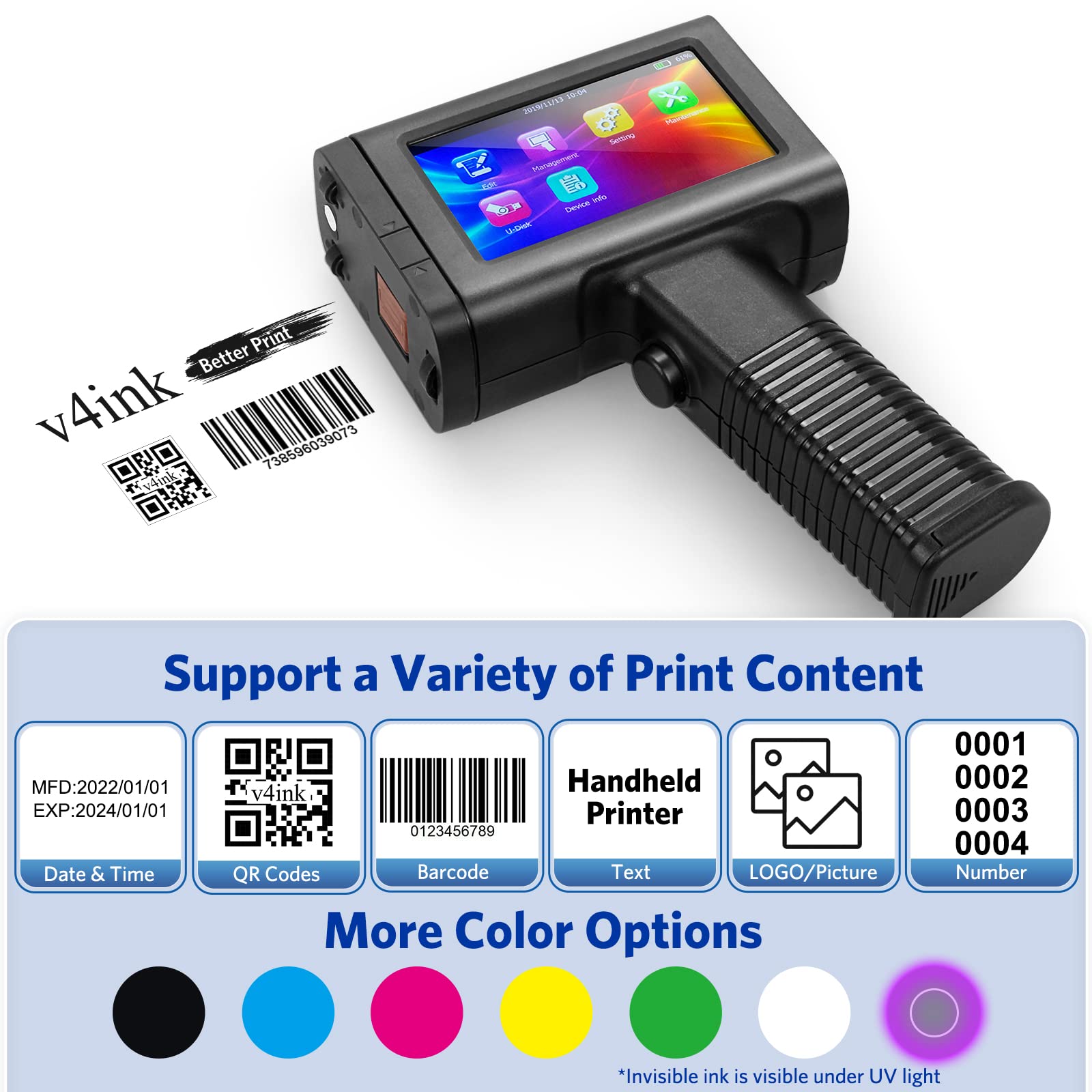 v4ink Portable Handheld Printer Labeler BT-HH6105B2 use for QR Code Barcode Production Date Logo Batch Series Number Print on Glass Bag (0. 5 Inch Handheld Printer)