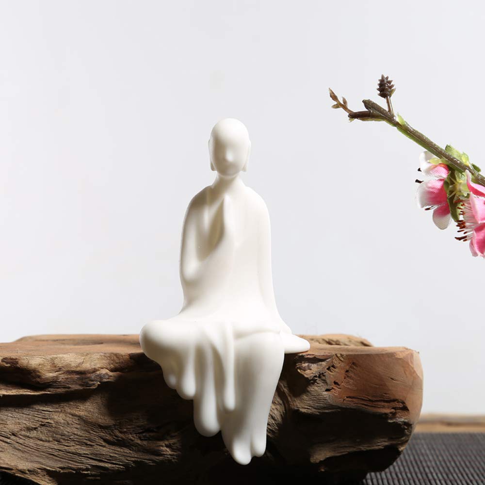 White Ceramic Little Buddha Monk Furniture Handmade Home Deco Buddhism Creative Gift (Wooden Pedestal)