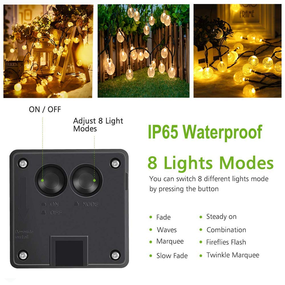 Solar String Lights Outdoor, 50 LED 24.6Ft Crystal Balls Waterproof Globe Solar Powered Fairy String Lights for Bedroom Garden Yard Home Patio Wedding Party Holiday Decoration
