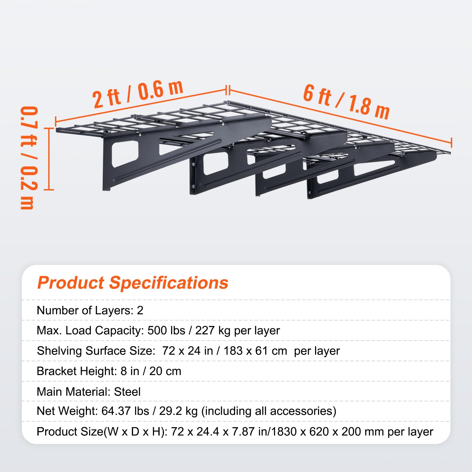 VEVOR Garage Shelving Wall Mounted, 2 x 6 ft Heavy Duty Garage Wall Shelves, 1000 lbs Load Capacity Garage Storage Rack Floating Shelves, 2 Pack, Suitable for Shop, Shed, Garage Storage
