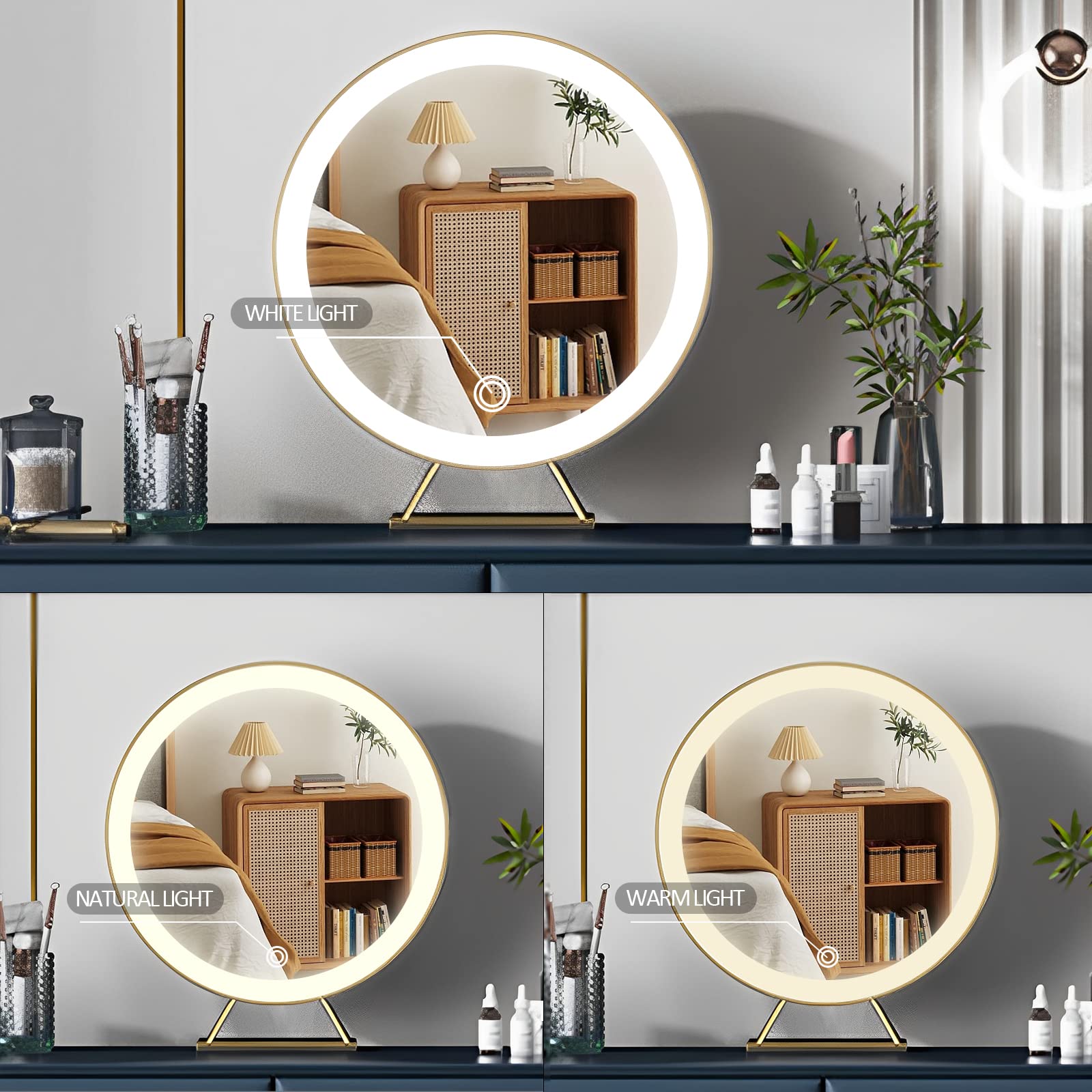 YIMAKEY Vanity Desk Set Mirror: Blue 47 Inches Vanity Table with 3 Modes Lights Mirror and 4 Drawers 1 Stool - Wooden Adjustable Makeup Table for Bedroom for Her