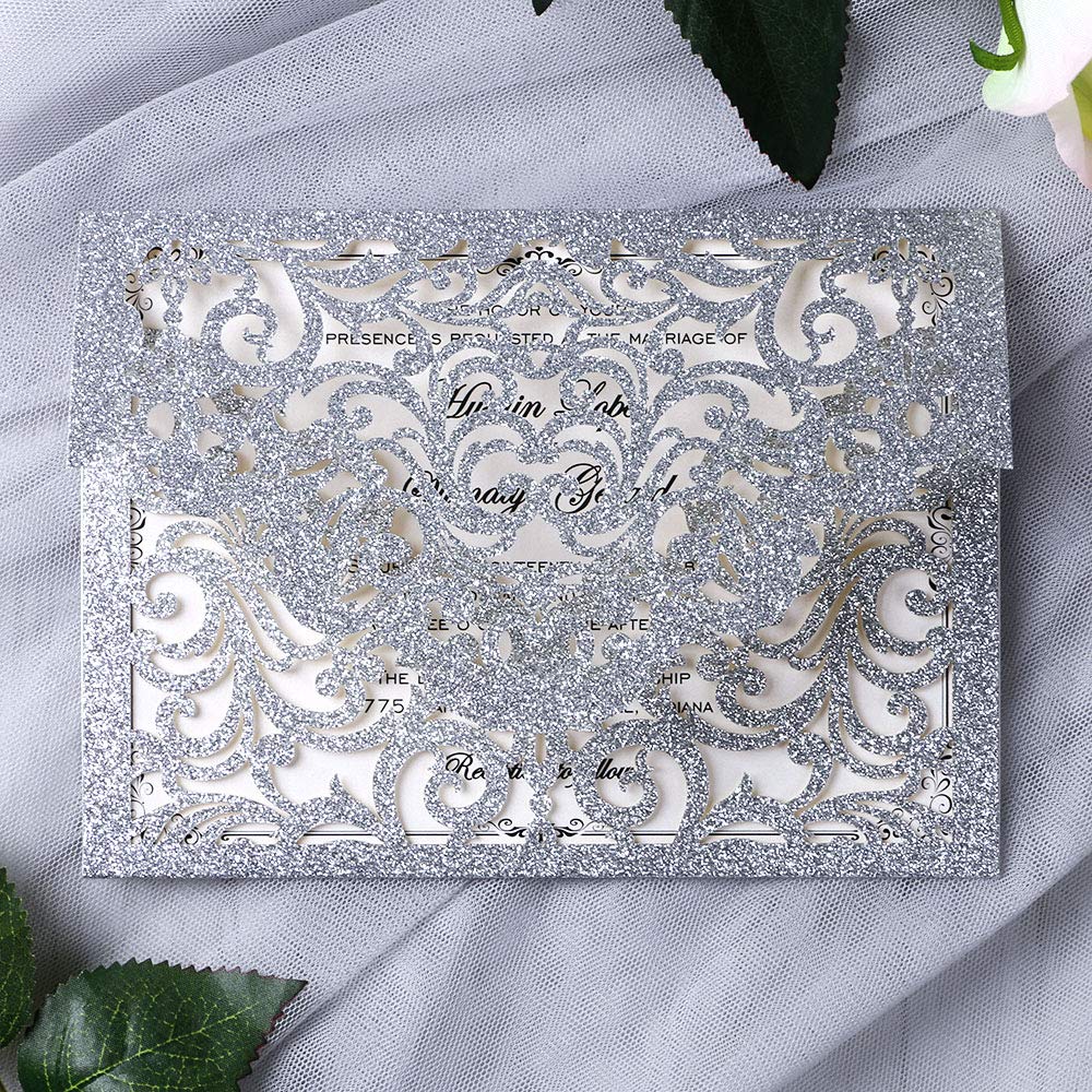 YIMIL 20 Pcs Laser Cut Wedding Invitation Card with Envelope for Wedding Quinceanera Bridal Shower Baby Shower Party Invite (Silver Glitter)