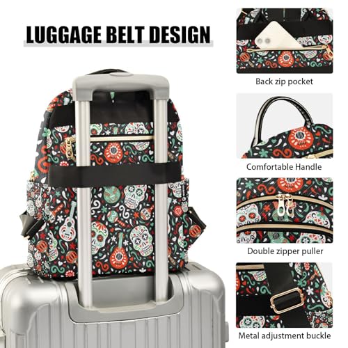 Yasala Halloween Women Backpack Tribal Sugar Skull Guitar Travel Bag Compact Daily Bag Diaper Bag