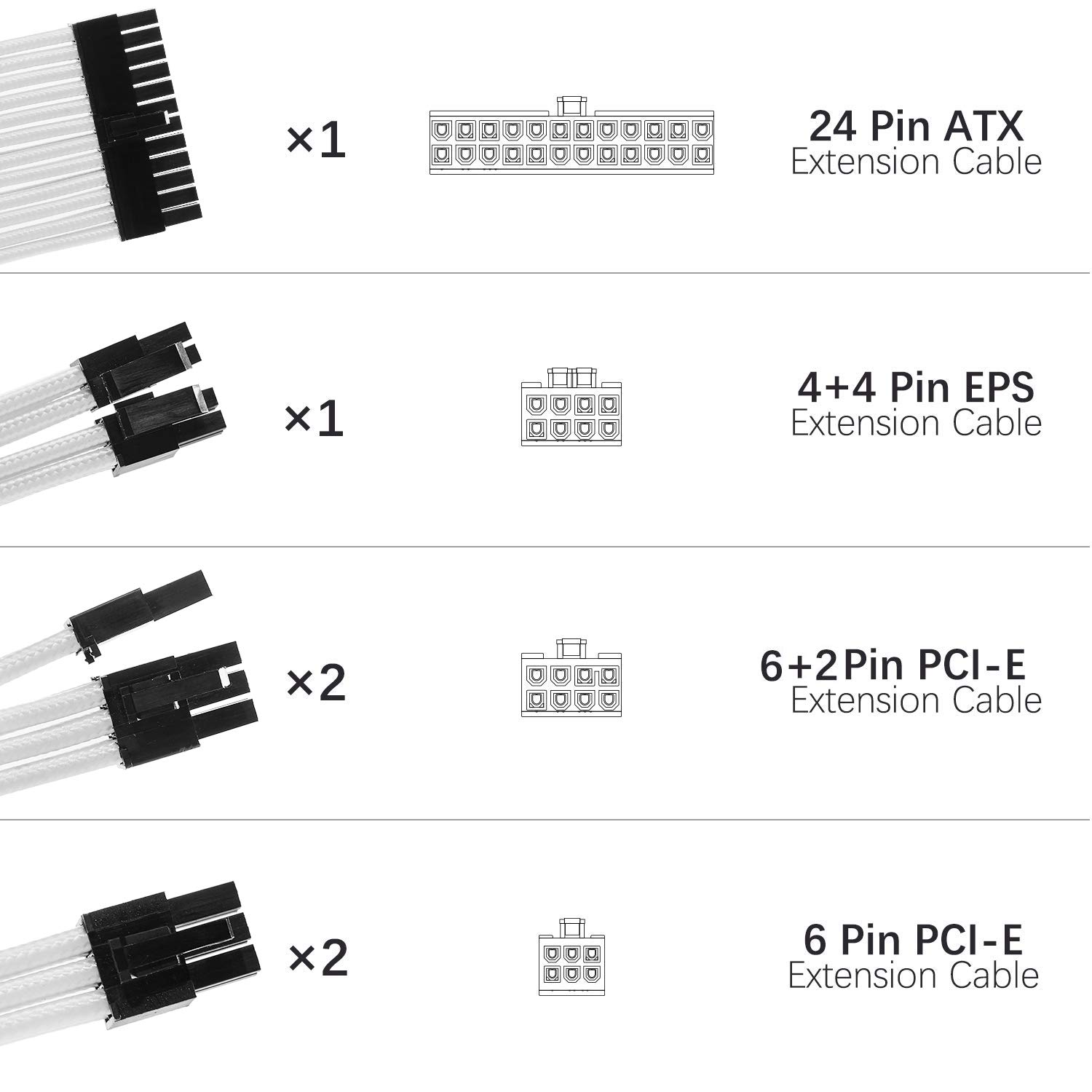 White Sleeved Cables PSU Extension Cable Kit with 30CM Sleeved 24-PIN 8-PIN 6-PIN 4+4-PIN for ATX Power Supply