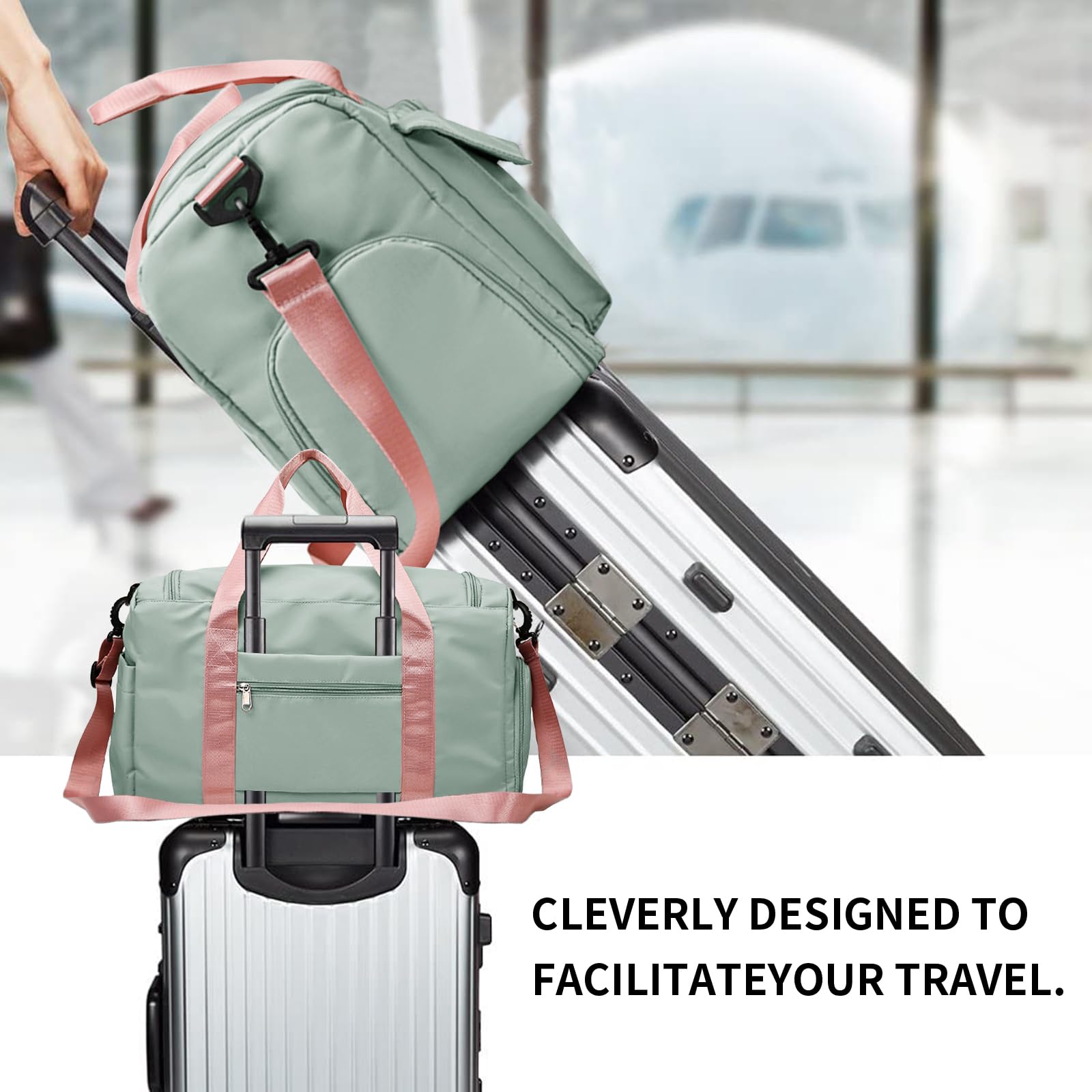 Travel Duffel Tote Bag with Dry Wet Separation Pocket, Weekender Bag for Women and Men,Waterproof Bag with Shoe Compartment Lightweight and Easy Carry on Green