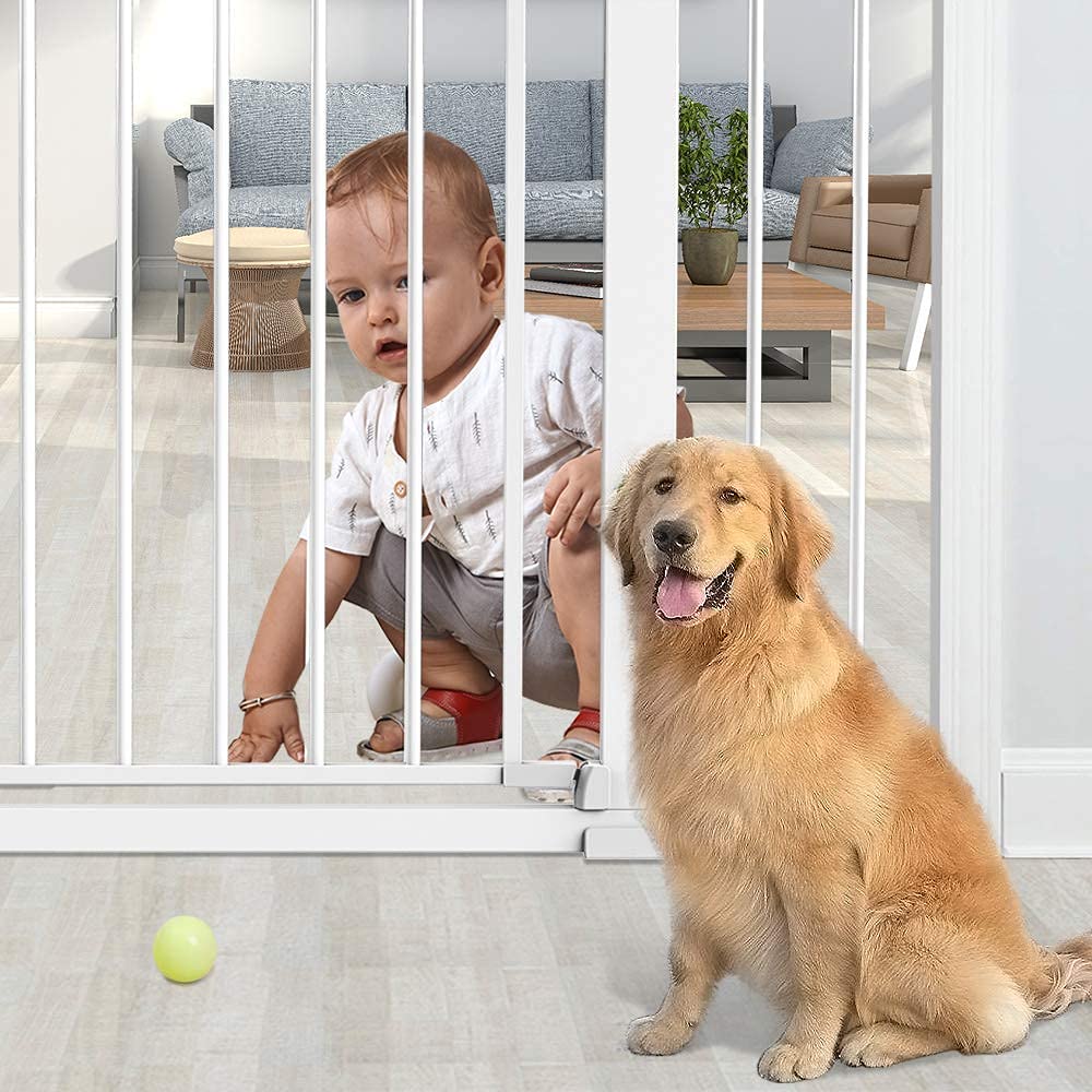Tokkidas 40.6"-29.5" Auto Close Safety Baby Gate, Dog Gate, Durable Easy Walk Thru Child Gate for Stairs, Doorways, House, Includes 2.75" & 5.5" Extension, Pressure Mounted, NO Drilling, Arched White