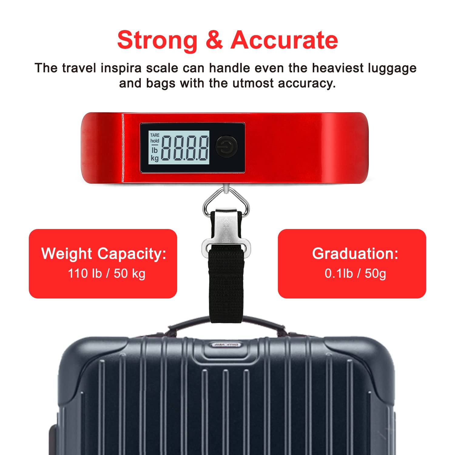 Travel Inspira Luggage Scale, Digital Luggage Scales, Baggage Scale with Backlit LCD Display,110LB / 50KG, Battery Included (Red)