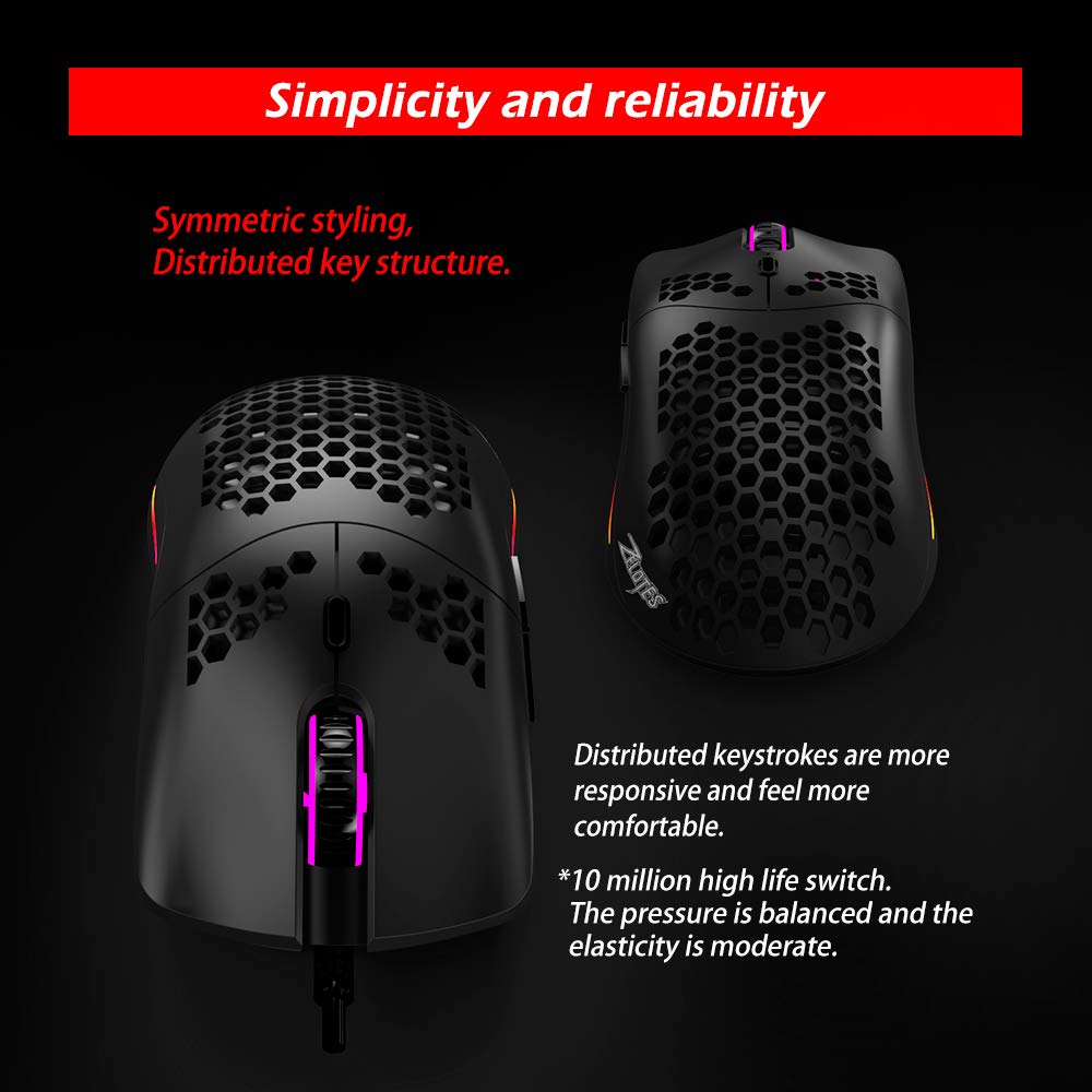 ZLOT Honeycomb Shell Gaming Mouse,65g Lightweight,3389 Gaming Sensor, Max-16000 DPI,50G Acceleration,400 IPS,2020 Edition Programmable and On-Board Memory Laser Gaming Mouse,Black