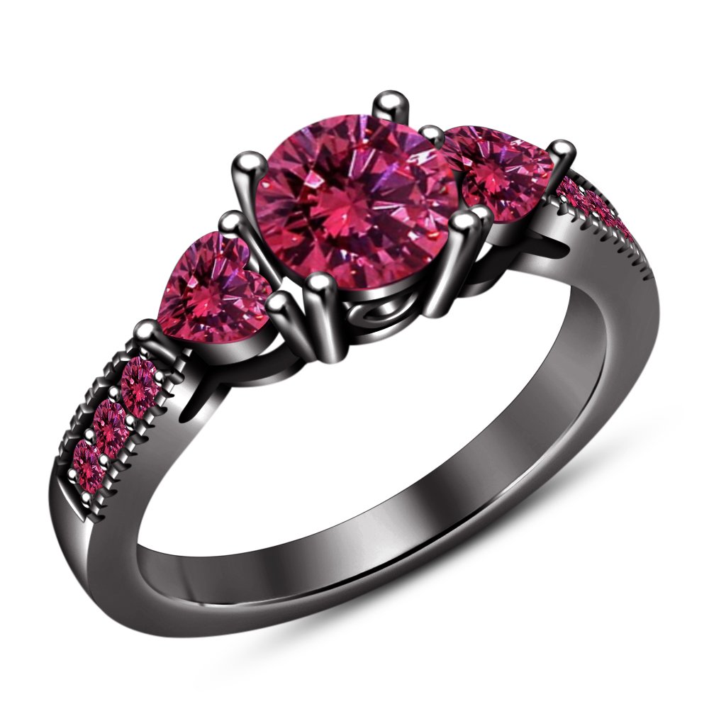 TVS-JEWELS Engagement Ring for Women's Black Rhodium Plated Round & Heart Shape Pink Sapphire (7.5)