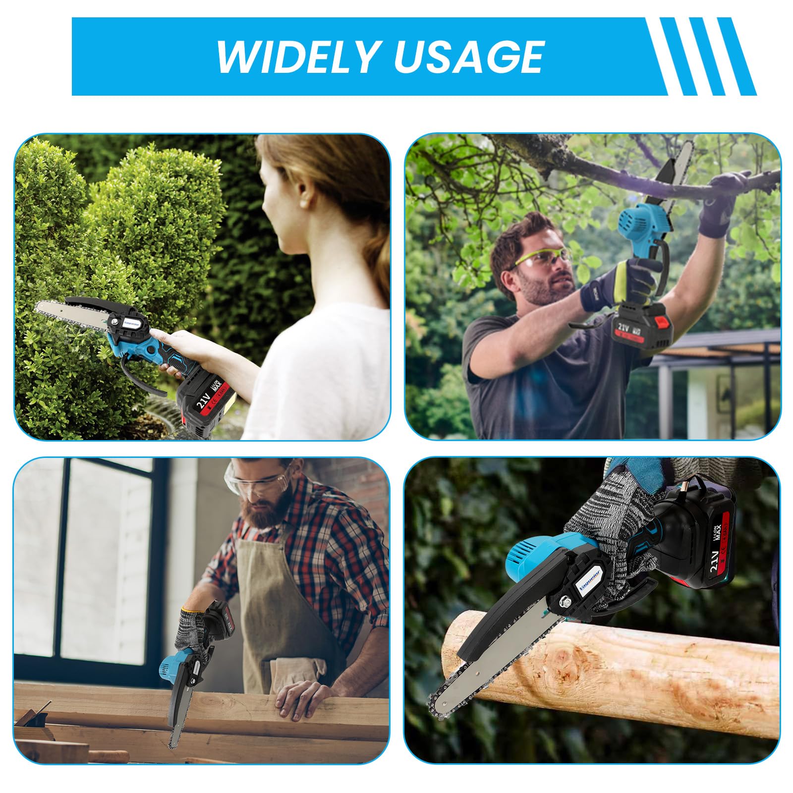 VAGUEIOR Mini Cordles Chainsaw, Handheld Convenient Chainsaw, 6 Inches, With Two 21V 4.0AH Large Battery And Charger, Suitable For Tree Pruning And Cutting,(BLUE, 2 Battery)