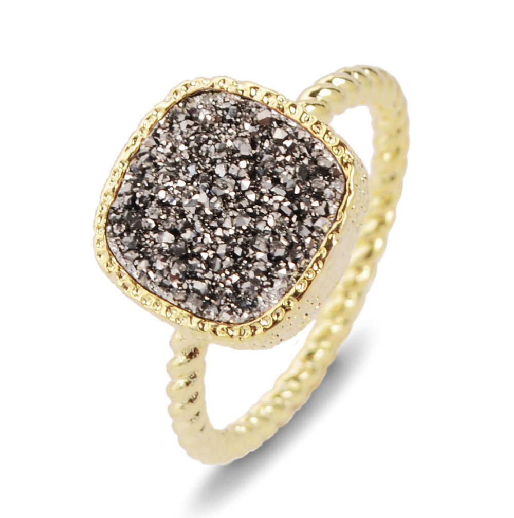 ZENGORI 12mm Gold Plated Square Silver Natural Agate Titanium Druzy Ring for Women Size 6 ZG058-2D