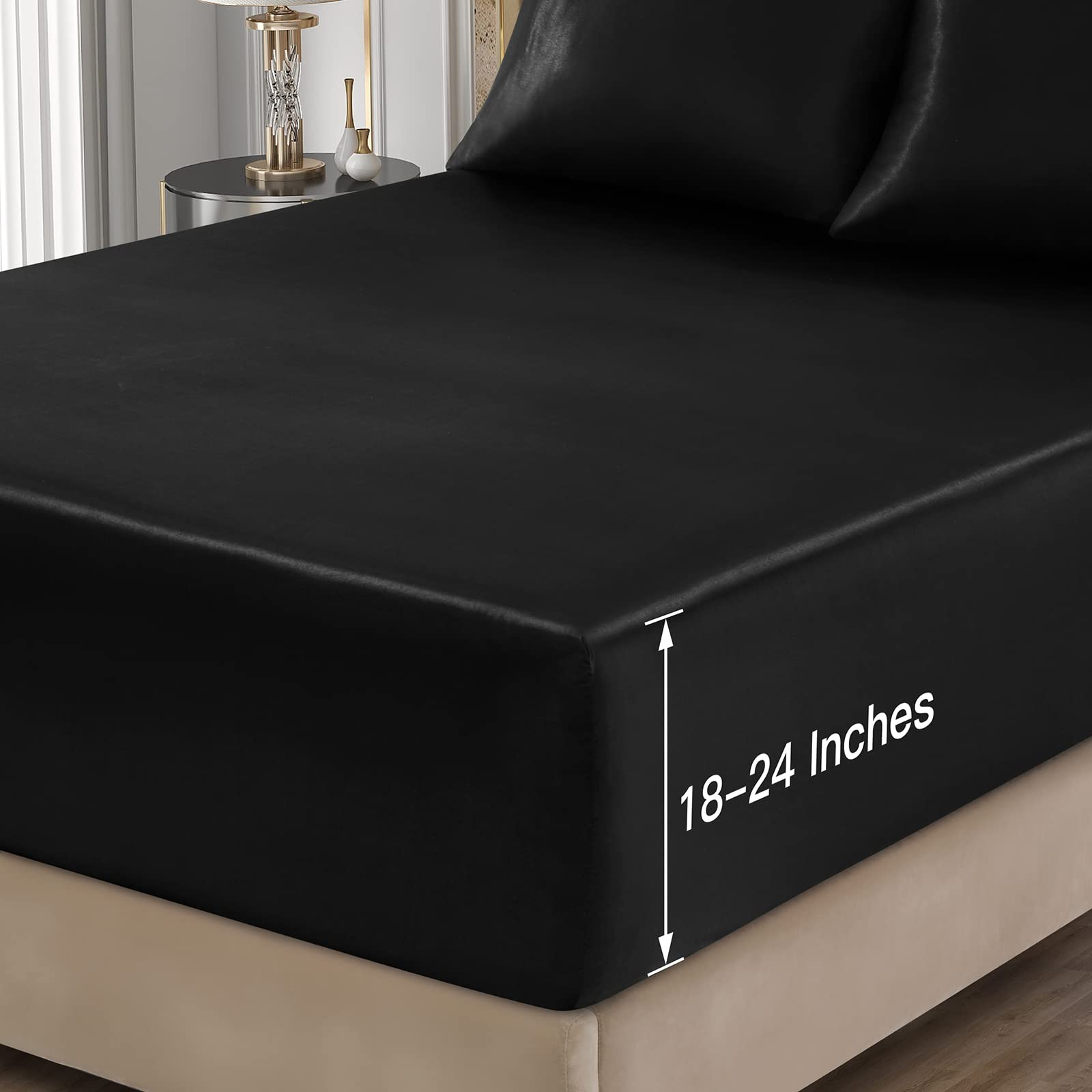 VACVELT 4pcs Extra Deep Pocket Satin Sheets Queen Size Bed Set, Black Satin Sheet Set Fit 18-24 Inch Deep Pocket Mattress, Silky & Luxury Satin Bedding Set Soft & Ultra Deep Fitted Sheet Set